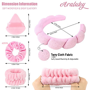 Araluky Spa Headband Set, 7Pcs Puffy Terry Cloth Headband and Wristband for Skincare, Makeup, Yoga, Shower, Spa Party, Sleepover Party, Pink