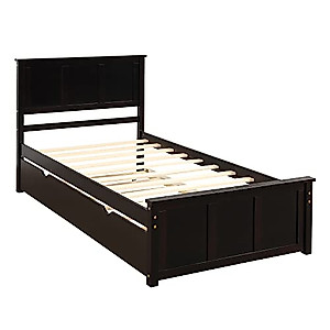 CITYLIGHT Twin Bed Frame with Trundle, Twin Trundle Bed with Headboard, Wood Twin Platform Bed for Kids,Girls,Boys or Guest Room,No Box Spring Needed,Espresso