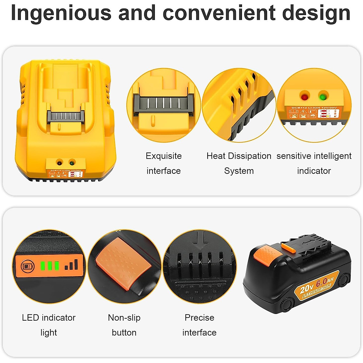 20v Max Battery 2Pack Replacement for Dewalt 20V 6.0Ah Battery with DCB112 Battery Charger Station for DCB201 DCB204 DCB206 DCB120