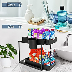 MILILOVE Under Sink Organizers, Bathroom Organizer, 2-Tier Sliding Kitchen Cabinet Organization, with Hook Hanging Cup, Multi-purpose Shelf Organizer, For Kitchen Bathroom Bedroom Office Countertop