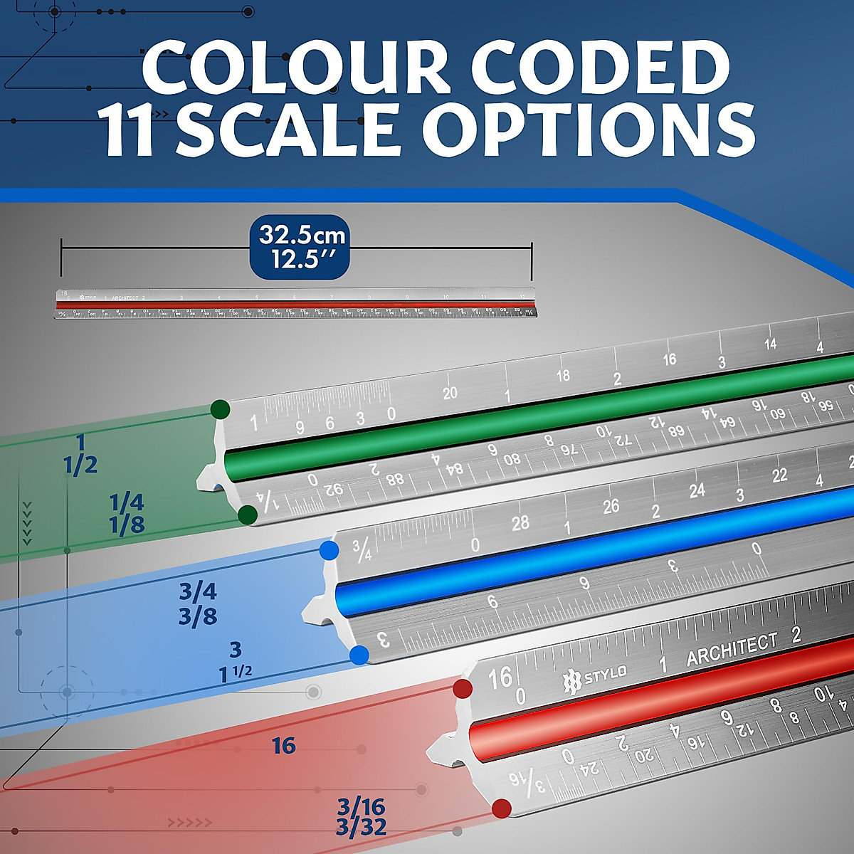 Stylo Aluminum Architect Scale Ruler 12" Laser Etched Triangle Drafting Ruler with Color - Coded Grooves for Blueprint, Drafting and Drawing - Imperial Architectural Scale Ruler for Blueprints