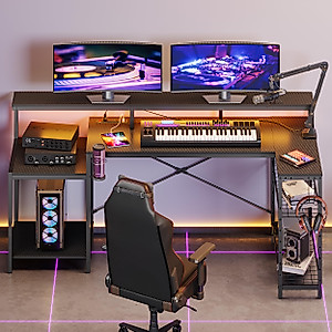 Bestier Gaming Desk with Power Outlet, 71.5 inch LED Computer Desk with Monitor Stand, L Shaped Large Desk with Metal Shelf, Cup Holder & Headset Hooks, Corner Desk for Bedroom 3D Carbon Fiber