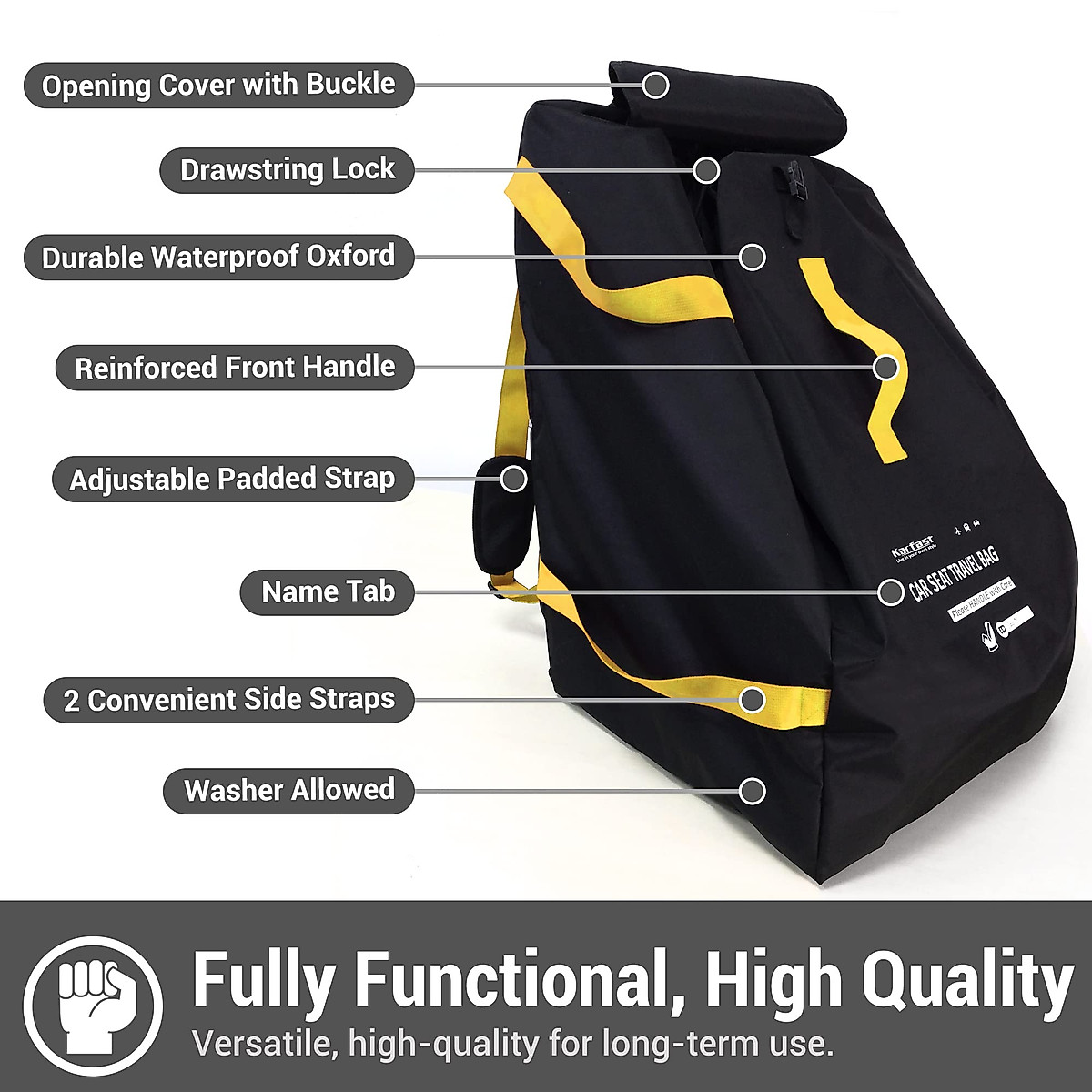 ProFaster Car Seat Travel Bag Backpack for Air Travel - Karfast Universal Infant Carseat Gate Check Bag Cover for Airplane, Foldable with Pouch, Yellow