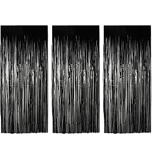 TUPARKA 3 Pcs Foil Curtains Photo Backdrop Props Shimmer Curtain for Halloween Haunted House Party Decorations (Black)