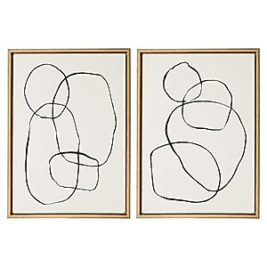Kate and Laurel Sylvie Modern Circles and Going in Circles Framed Linen Textured Canvas Wall Art by Teju Reval, 2 Piece 18x24 Gold Abstract Wall Decor