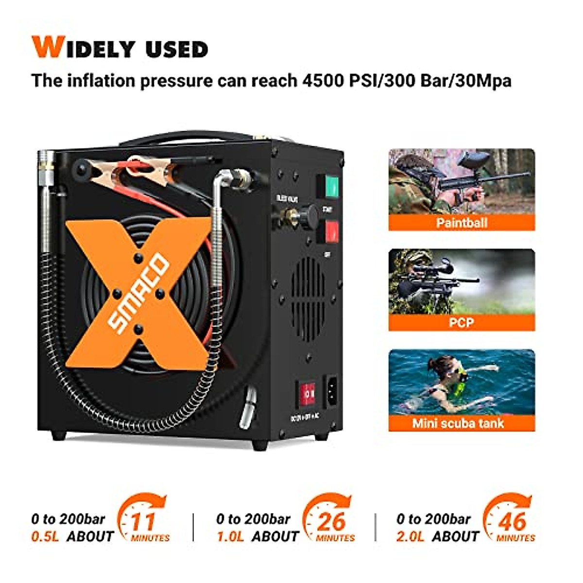 SMACO PCP Air Compressor 4500Psi/30Mpa High Pressure Air Compressor Paintball Scuba Tank Compressor HPA Pump Fill Station Auto-Stop,Oil-Free Powered by 12V DC or 110V AC with Water/Oil Separator