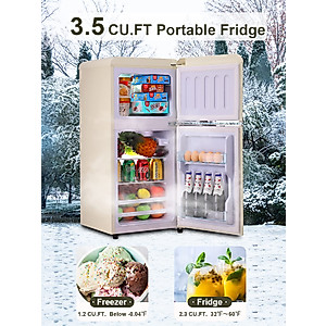 KRIB BLING 3.5 CU.FT Compact Refrigerator 2 Door Mini Fridge with Freezer, Mini Refrigerator with Removable Glass Shelves Small Drink Food Storage Cooler for Office, Dorm, Apartment, Cream