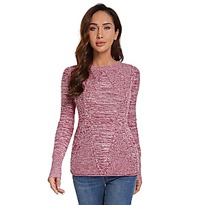 AmélieBoutik Women Cotton Blend Crewneck Long Sleeve Cable Knit Pullover Sweater (Red Large)