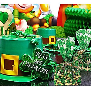 100PCS St Patrick's Day Shamrock Cellophane Bags Party Favors - Saint Patrick's Day Lucky Shamrock Clover Cellophane Bags for Irish Party Decorations Supplies