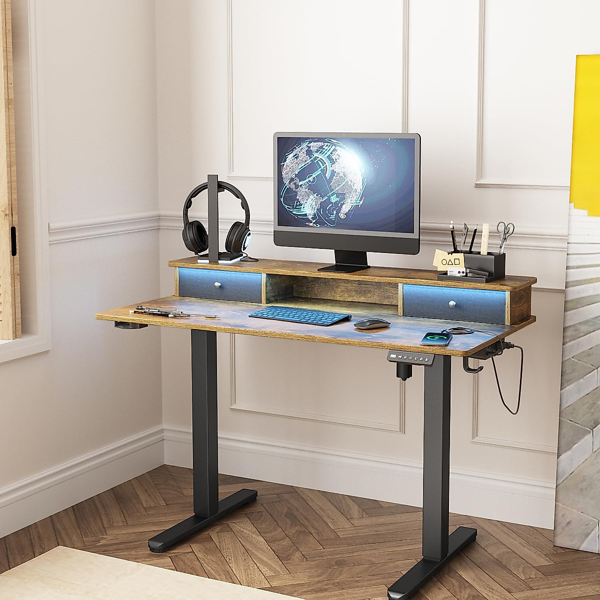 Saedew Electric Adjustable Standing Desk, Sit Stand Desk with Power Outlets & LED Lights 48”Adjustable Height Standing Desk with Drawers Adjustable Table Desk Riser for Home Office