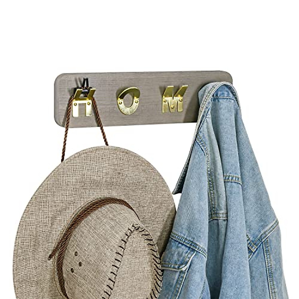 MyGift Wall Mounted Entryway Coat Rack with Brass Tone Metal Home Letter Hook and Vintage Gray Wood Backing, Hanging Organizer for Coat, Hats, Scarves, Lanyard, Leash