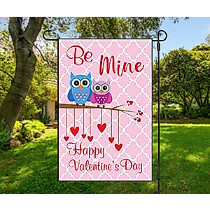 Be Mine Owl Garden Flag - Pink Valentine's Day Yard Decor - Double Sided Valentines Day Flags - Owls Hearts Welcome Sign Decoration by Jolly Jon