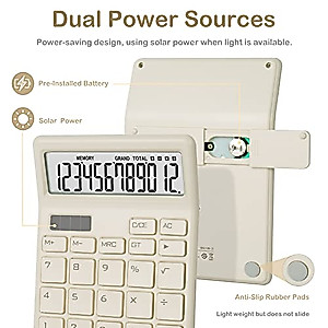 Calculators Desktop, Large Display Solar and Battery Power, Aesthetic Office Supplies, 12 Digit Small Basic Standard Functional Desk Calculator Cute for Office, Home, School (Beige)