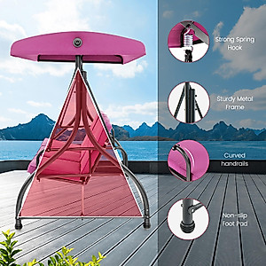 Tangkula 3 Person Porch Swing, 2-in-1 Convertible Patio Swing Bed with Removable Cushions, Solid Steel Structure, Outdoor Swing with Adjustable Canopy for Backyard, Balcony, Poolside (Wine)