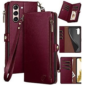XcaseBar for Samsung Galaxy S21 Wallet case with Zipper Credit Card Holder【RFID Blocking】, Flip Folio Book PU Leather Phone case Shockproof Cover Women Men for Samsung S21 case Wine Red