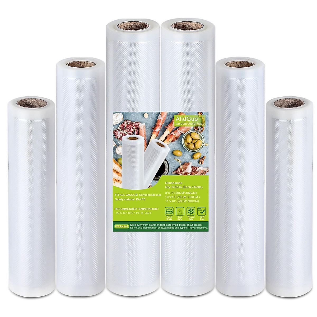 【Vacuum Sealer Bags for Food Roll】AlldGuo 6 Rolls Food Saver Bags, 8 10 11 Inch Sous Vide Food Saver Vacuum Sealer Bags Roll, BPA-Free, Commercial Grade Vacuum Sealer Bags for All Vacuum Sealers