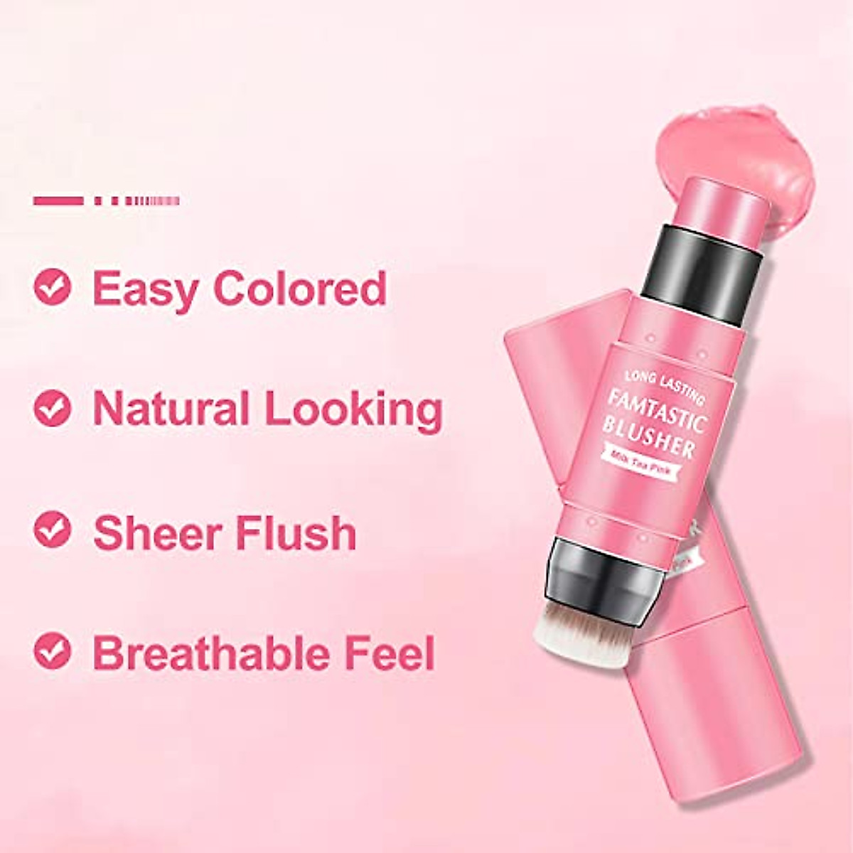 Erinde Cream Blush Stick with Brush, Cream Blush for Cheeks, Lightweight Light Pink Blush Stick, Waterproof, Long-lasting, 3 In 1 Cheek Blush & Lip Tint & Eyeshadow Makeup Stick, 01# Milk Tea Pink