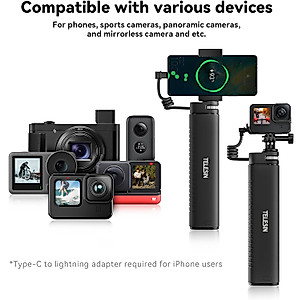 TELESIN Power Grip 35.4" Extension Selfie Stick Handler for Phone GoPro Mirrorless Camera Waterproof Large Capacity Battery Charger Bank for GoPro Hero 13 12 11 10 9 Insta360 DJI Action iPhone Android