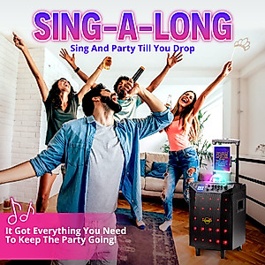 Starument Portable Karaoke Machine for Adults & Kids Complete Karaoke System Includes Bluetooth Speakers on Wheels, 2 Bluetooth Microphones, Disco Ball, LED Speaker Light, Cell Phone Stand & USB Aux