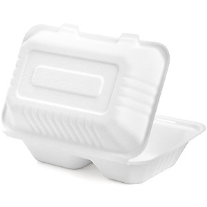 Elsjoy 90 Pack 9"x 6" Clamshell Take Out Containers, 2 Compartment Compostable Hinged Food Containers Disposable To Go Boxes, Sugar Cane Takeaway Boxes for Restaurant, Party, Microwave Safe