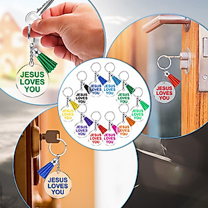 Ferreve 100 Pcs Jesus Loves You Acrylic Keychains with Tassels Christian Gifts Bulk Operation Christmas Supplies Religious Keychain for Women Church Christian Gift