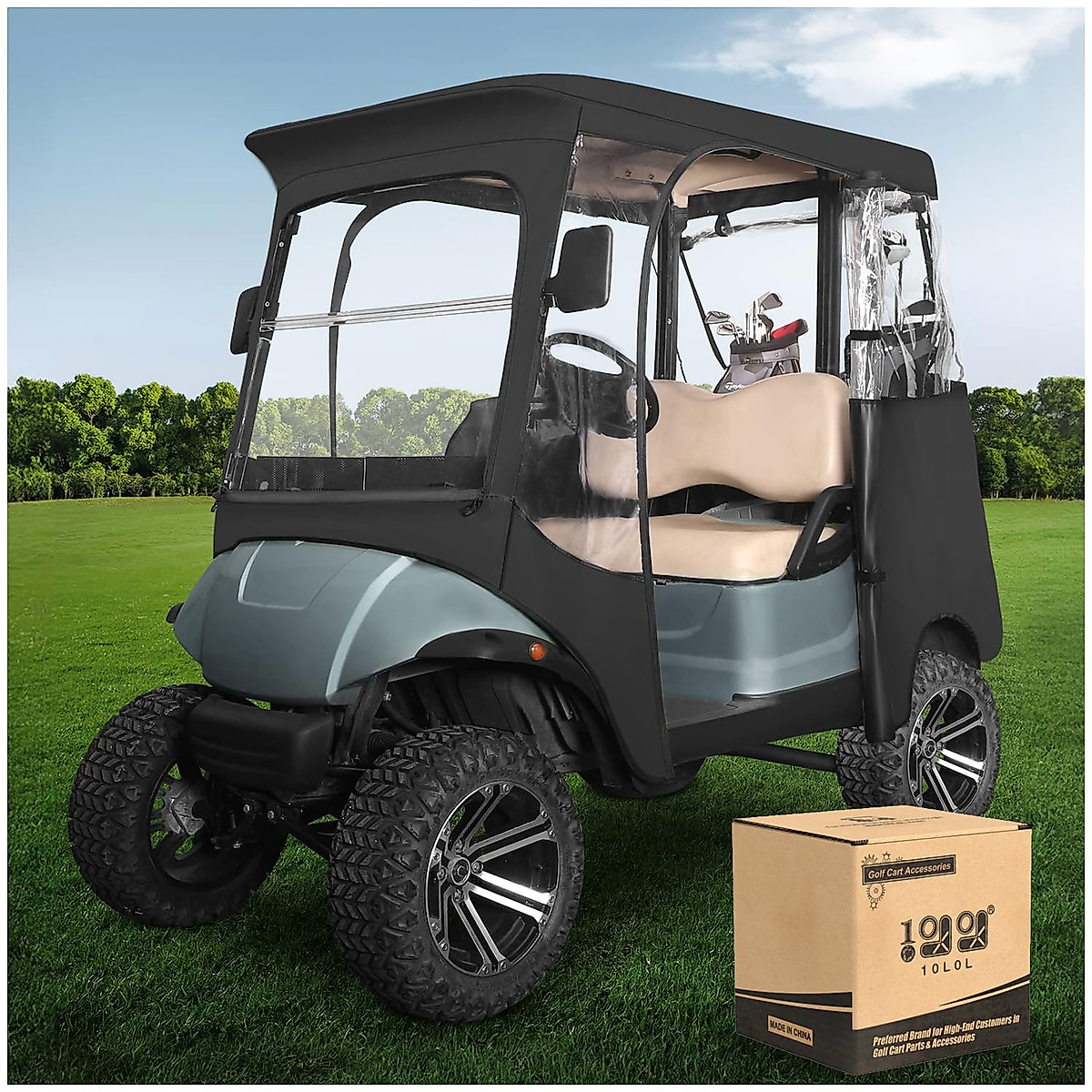 10L0L Golf Cart Driving Enclosure 2 Passenger fit Yamaha G14 G16 G22 G29 Drive and Drive 2, Golf Cart Rain Cover with Clear Roll-Up Windshield, Side Mirror Openings, Waterproof Oxford Cloth Enclosure
