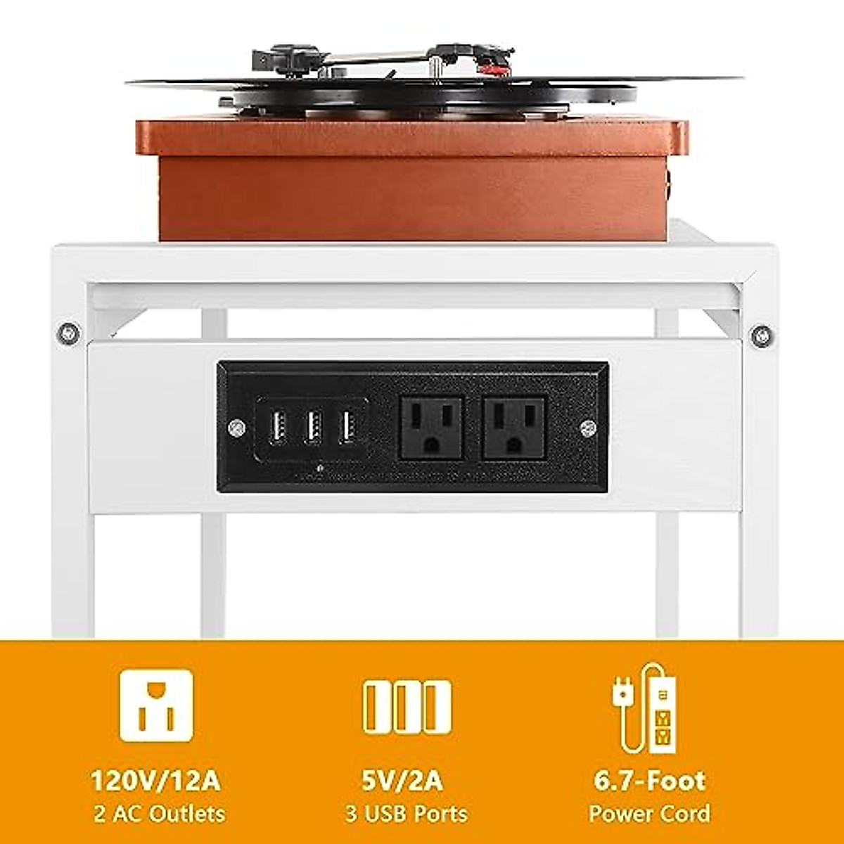 Record Player Stand with Vinyl Storage Night Stand with Power Outlets Vinyl Record Storage Stand On Wheels White Turntable Stand for Living Room Bedroom, Large Capacity, White