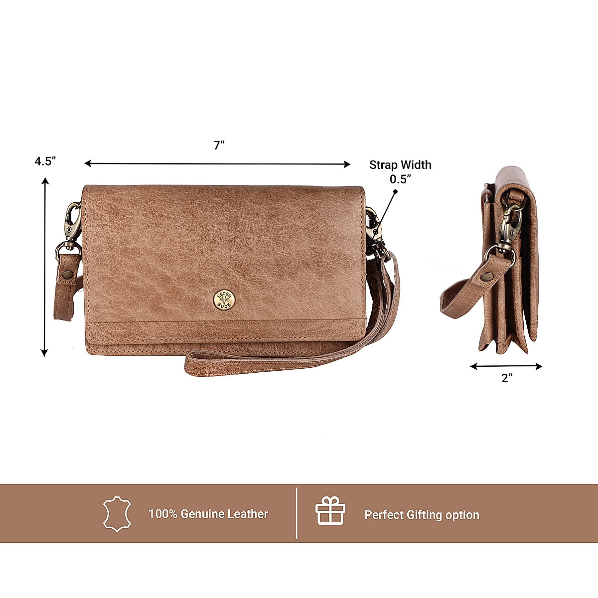 LEDERBUCK Real Leather Smartphone Crossbody Handbag Wristlet Purse Clutch for Women (Nougat)