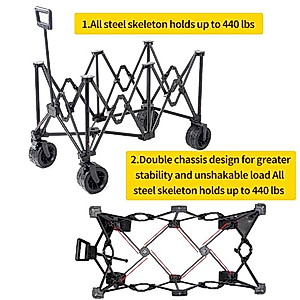 Heavy Duty Utility Collapsible Wagon with All-Terrain 4in×7in Wheels,Load 440 Lbs,Portable 200L Large Capacity Beach Wagon,Adjustable Handle for Garden,Outdoor,Camping,Beach, Shopping (Black & Khaki)