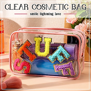 LEIFIDE Preppy Chenille Letter Clear Makeup Bags PVC Clear Zipper Pouches Portable Travel Pouch Transparent Cosmetic Bags Multi Purpose Stuff Bag Vanity Case Clear Coin Purse Waterproof for Women