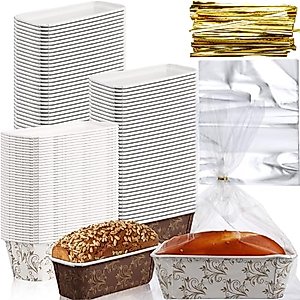 Maxcheck 100 Pcs Paper Loaf Pans 6.3 x 2.2 x 2.2 Inch Disposable Loaf Pan Liners with Clear Plastic Bags and Ties Paper Rectangle Baking Mold for Bread Cake Bakery(White, Coffee)