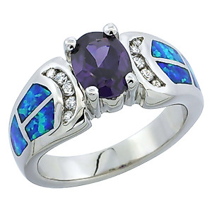 Sterling Silver Blue Synthetic Opal Oval Ring for Women Amethyst CZ 3/8 inch size 7