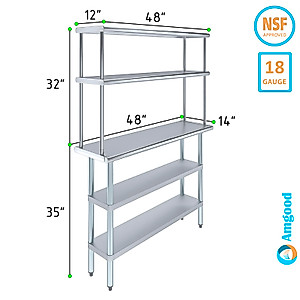 Amgood Stainless Steel Work Table with 2 Shelves | Metal Kitchen Prep Table & Shelving Combo (14" x 48" Table with 2 Shelves + 12" Overshelf)