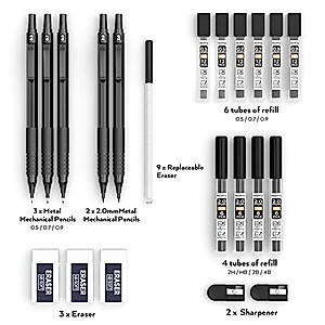 Nicpro 5 PCS Art Mechanical Pencils Set, Black Artist Metal Drafting Pencil 0.5 & 0.7 & 0.9 mm & 2PCS 2mm Graphite Lead Holder(4B 2B HB 2H) for Drawing Writing Sketching With Lead Refills Erasers Case