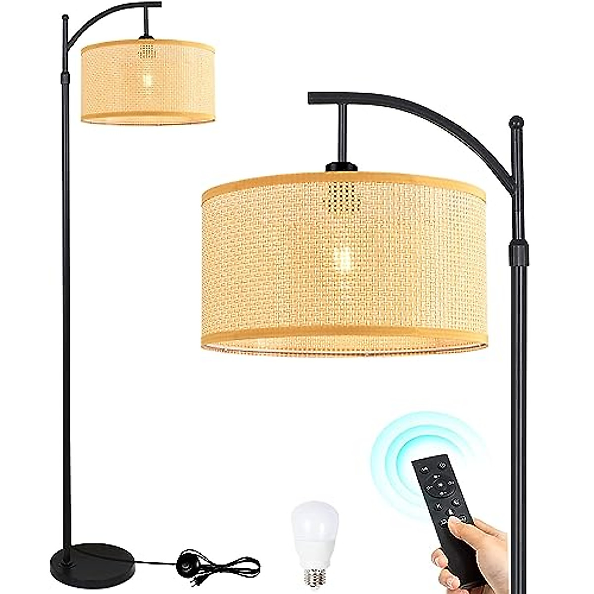 QIYIZM Floor Lamp with Remote Arc Boho Rattan Standing Lamp,Farmhouse Dimmable Industrial Black Wicker Floor Light Rustic Adjustable Tall Lamp,Bamboo Lamp Shade Floor Lamps for Living Room Bedroom