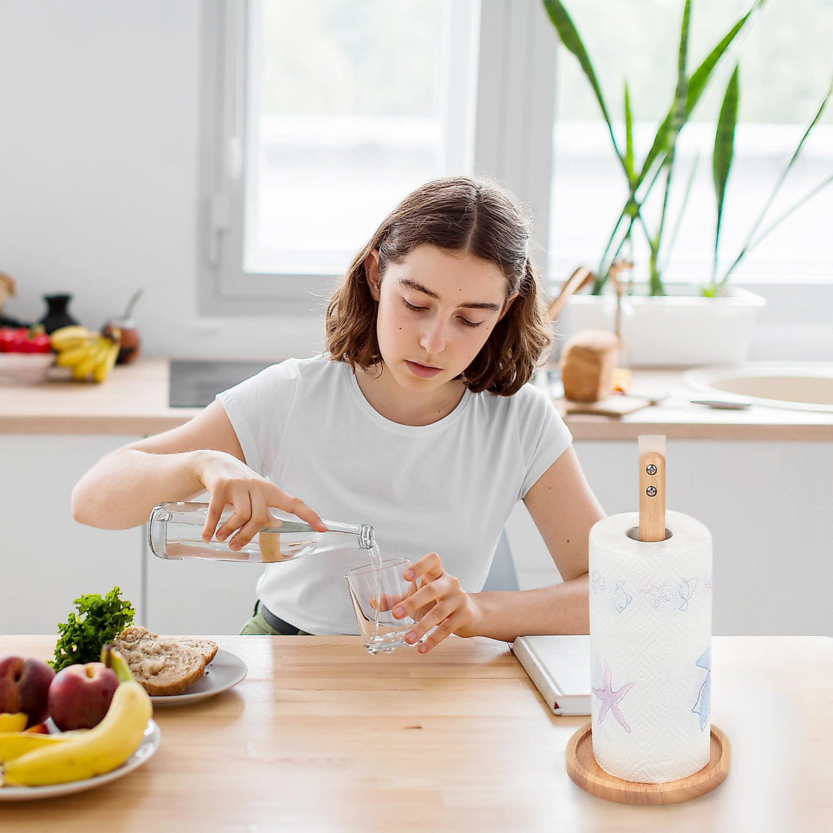 Wood Paper Towel Holder Countertop, Paper Towel Standing Paper Towel Organizer Roll Dispenser for Kitchen, Dorm, Dining Table, Countertop, 1 Pack