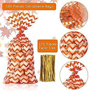 Whaline 160Pcs Fall Cellophane Treat Bags Orange Stripe Wave Dot Candy Plastic Goody Bags Autumn Cookie Snack Packing Decor with Twist Ties for Autumn Thanksgiving Birthday Party Favor, 5.1 x 10.6in