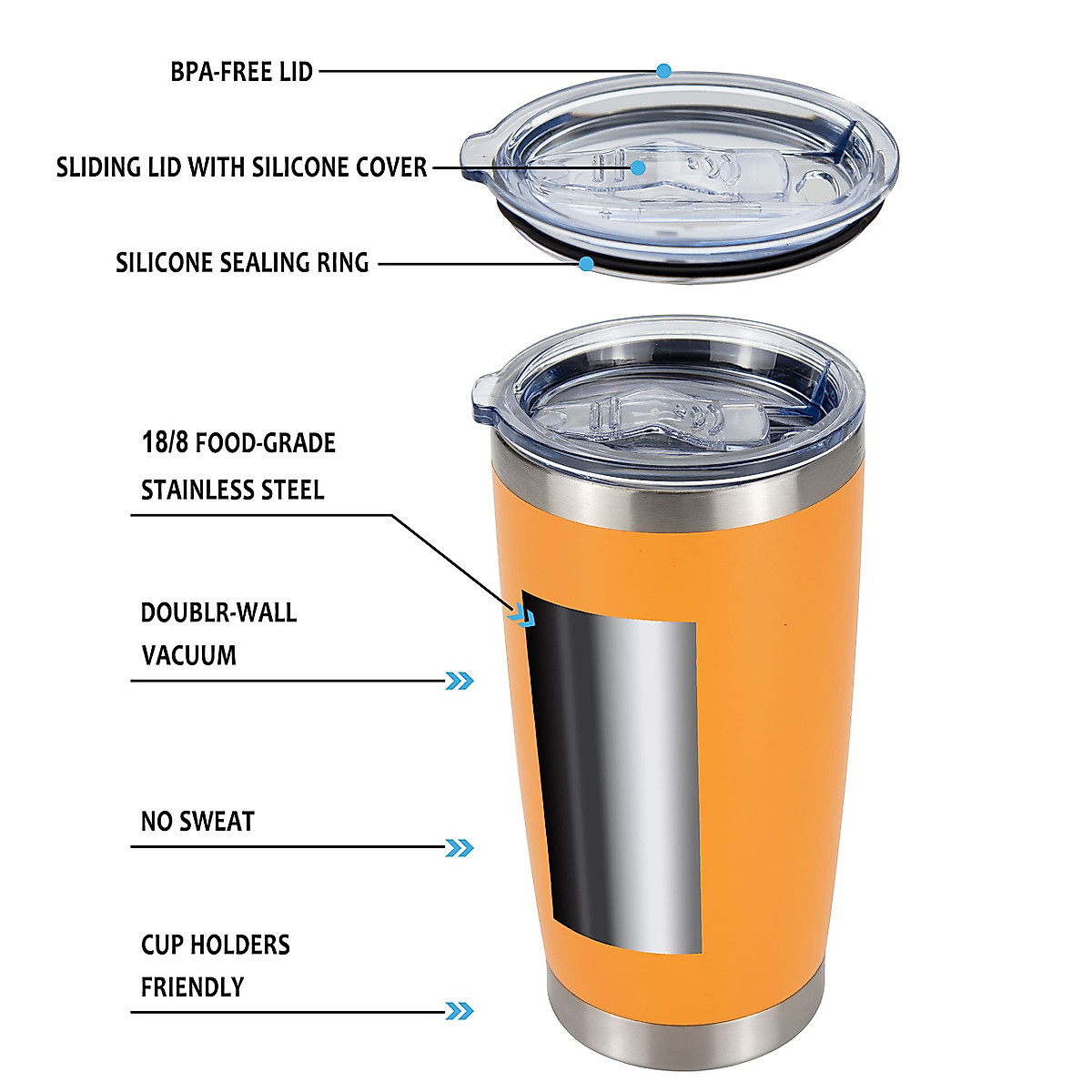 Kmass kmax 4pack 20oz Stainless Steel Vacuum Insulated Travel Cup with Lids and Straws and Cleaning Brush Double Wall Travel mug Coffee Cup Stainless Steel Tumblers for Home, Office (Orange)