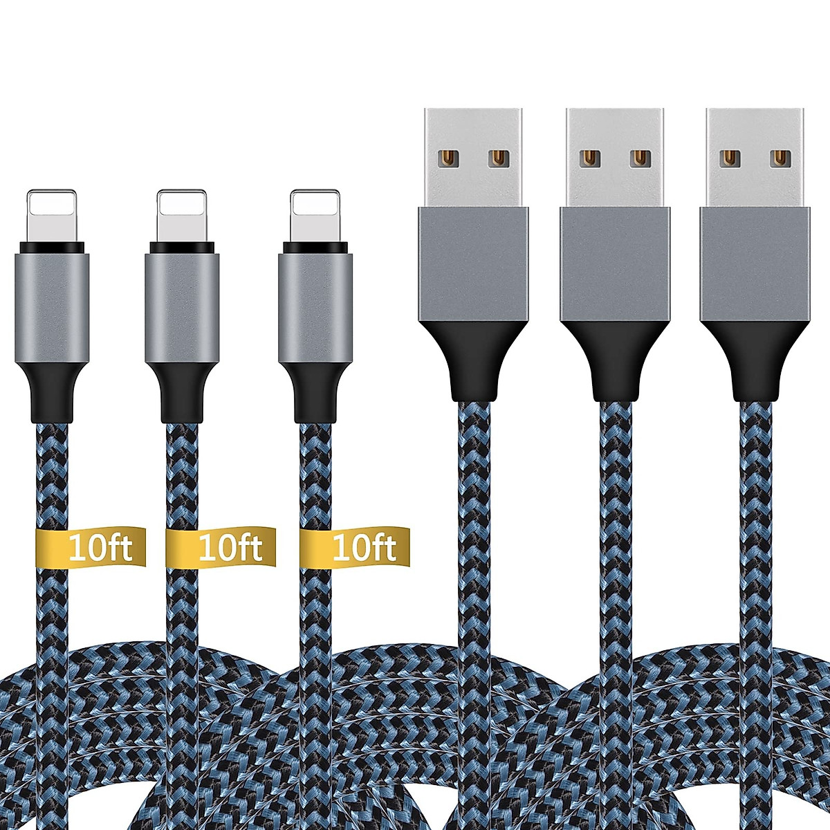 Atill iPhone Charger 10FT iPhone Charger Cable Nylon Braided Charging Cord Compatible iPhone 14/13/12XR XS XSMax X 8 8 Plus 7 7 Plus 6 6s Plus SE 5 5s 5c (Blue), 3 Pack