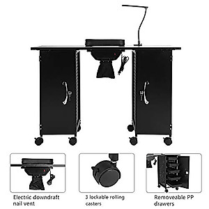 mefeir Manicure Table Nail Desk w/Electric Downdraft Vent,Iron Frame Beauty Spa Salon Workstation w/Wrist Rest,Lockable Cabinets,Casters & Clip-On LED Lamp,Black(43.3''L x 16.9''W x 29.5''H)