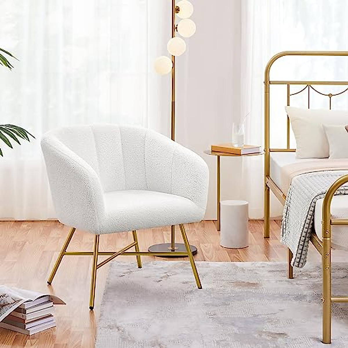 Yaheetech Boucle Barrel Chair, Modern Living Room Chair with Metal Legs and Soft Padded, Comfy Side Chair for Bedroom/Office/Study/Waiting Room, White