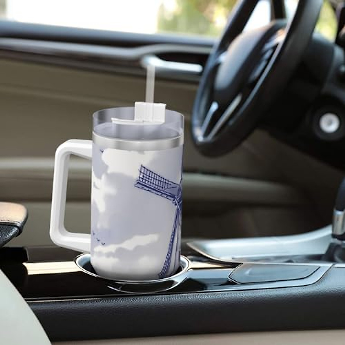 Xiexide 40oz Stainless Steel Gifts Vintage Blue Nederland Dutch Windmill Country Double Walled Vacuum Insulatedith Handle And Straw,Hot & Cold Drinks