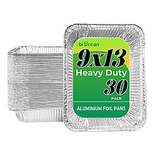 BIOCEAN Aluminum Pans 9x13 Inch 30 Pack, Extra Heavy Duty Foil Pans with Half Size Deep Steam Aluminum Tray Tin Foil Pans for Prepping Food, Storing Heating, Cooking, Baking, Roasting