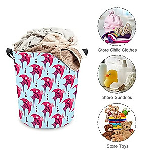 Pink Cartoon Fish Foldable Laundry Basket Waterproof Hamper Storage Bin Bag with Handle 16.5"x 16.5"x 17"