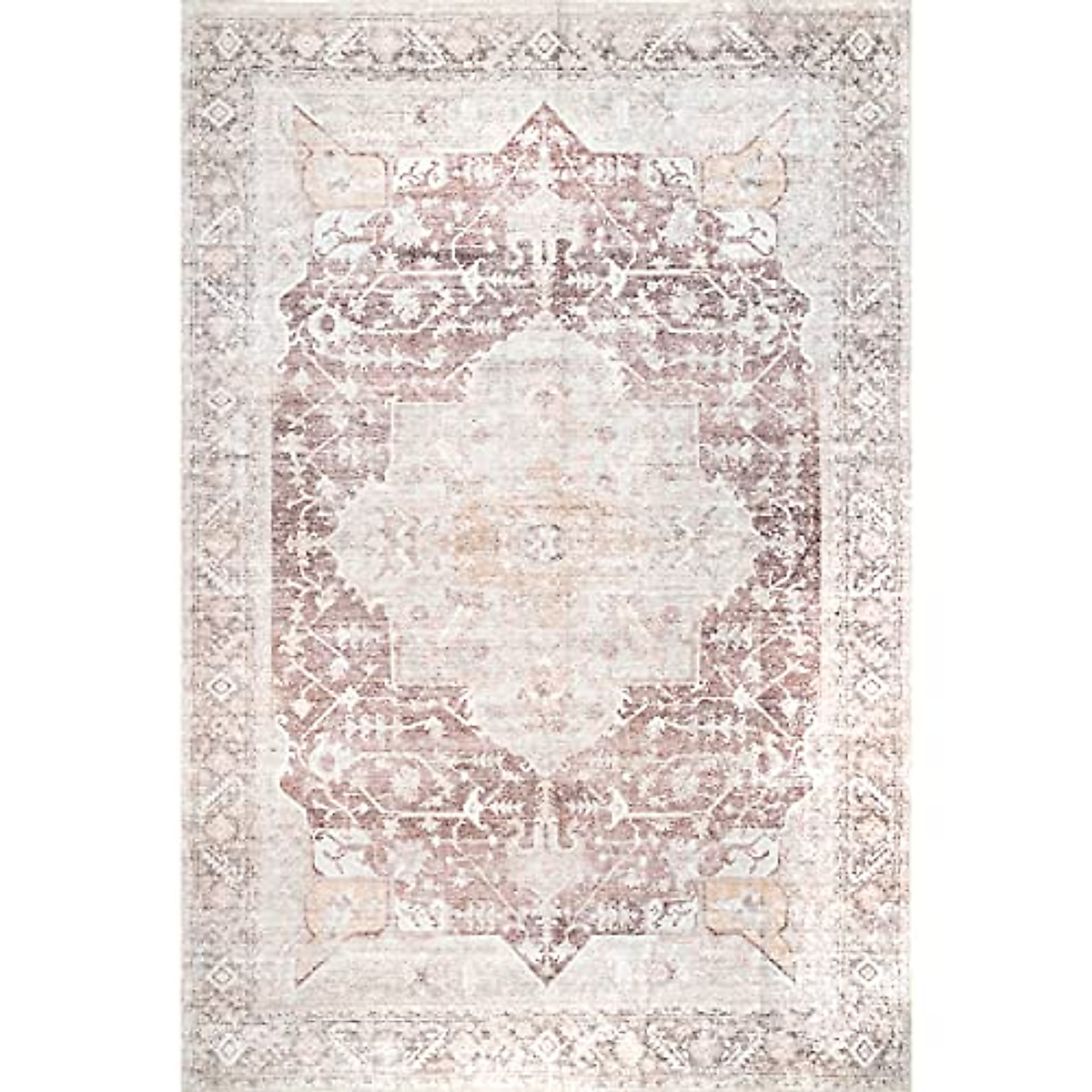 nuLOOM Rosa Machine Washable Distressed Vintage Medallion Area Rug, 9' x 12', Light Pink