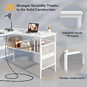 Mr IRONSTONE L Shaped Desk with Power Outlet, Computer Desk with Storage Shelves, Gaming Desk with USB Charging Port, Home Office Corner Desk, L-Shaped Office Desk for Studying/Writing/Gaming - White