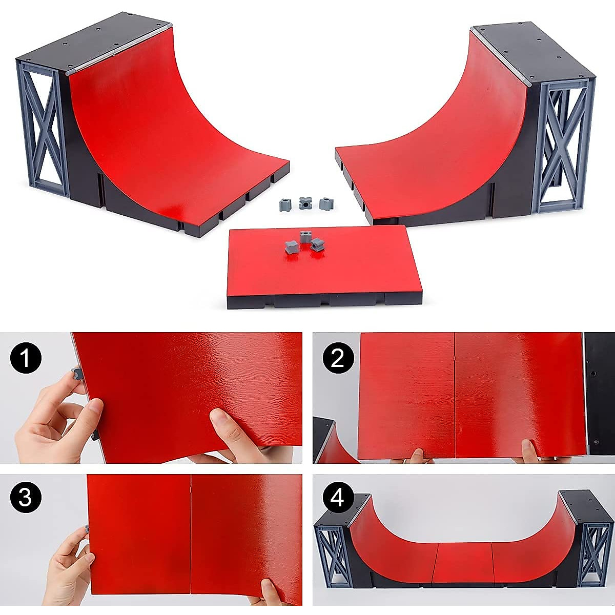 Half Pipe Skateboard Ramps Set, Bigger Fingerboard Skatepark Deck, Finger Skate Park Toy with Fingerboard Ramps, Skateboards, Finger Scooter, Finger Bike & Motorcycle for Adults Kids Gifts(Red)