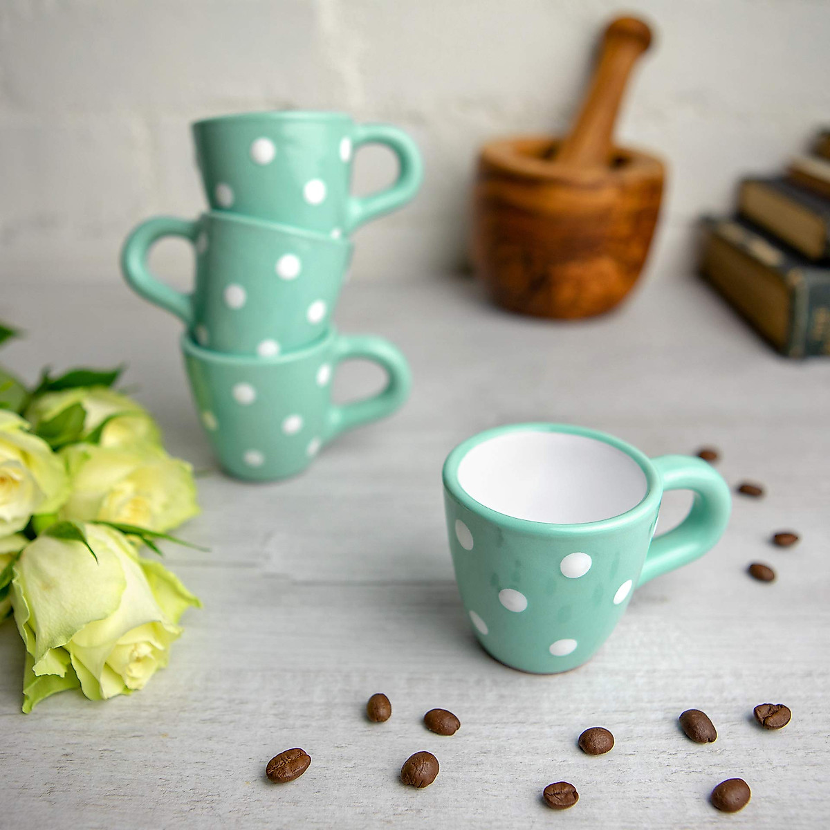 City to Cottage Handmade Teal Blue and White Polka Dot Ceramic 2oz/60ml | Espresso Cup Set of 4, Unique Designer Pottery for Coffee Lovers