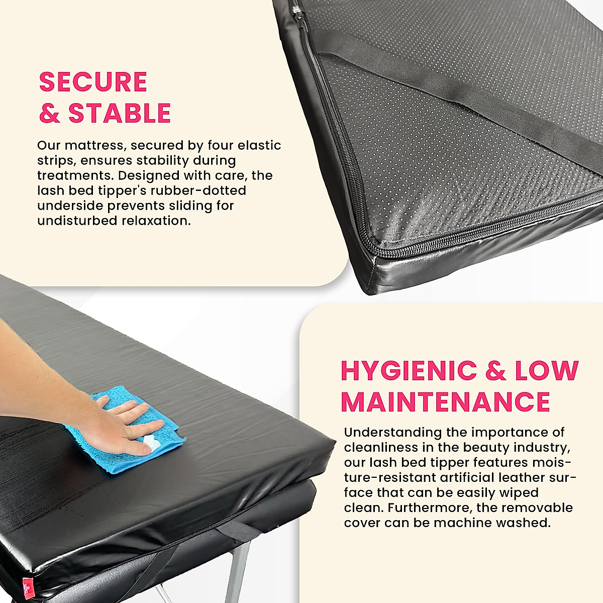 XOLLOZ Artificial Leather Lash Bed Topper Memory Foam | 2.5in Thick Comfortable Massage Table Topper for Lash Extension with Four Corner Straps & Anti-Slip Bottom | Lash Bed Foam Topper (Black)