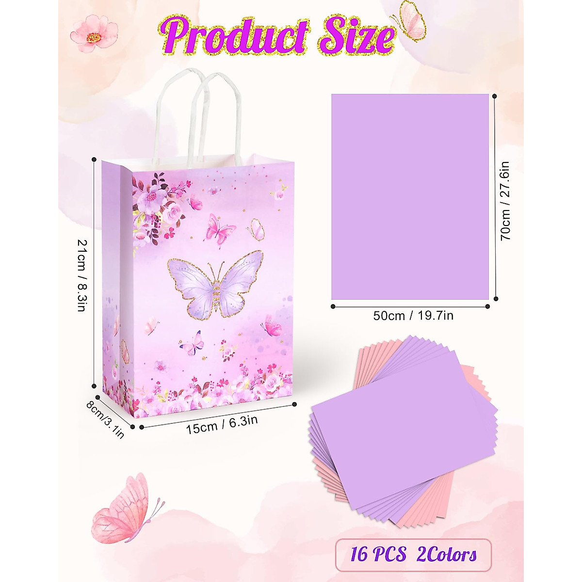 LWBDD 16 Pcs Butterfly Party Favors Gift Bags Goodie Bags, Pink Purple Treat Candy Bags; small size Paper Bags with Handles & Tissue Paper for Girls Butterfly Birthday Party Supplies Baby Shower